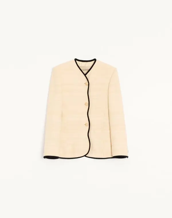 Valentino Garavani Silk Linen Canvas Jacket With Velvet Trim - Latte/black