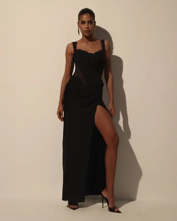 MILLA Maxi Dress With Corset Bodice And Slit - Black