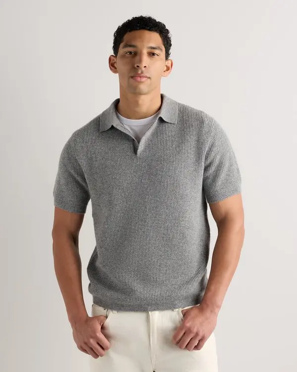 Quince Mongolian Cashmere Waffle Short Sleeve Polo Sweater - Heather Grey