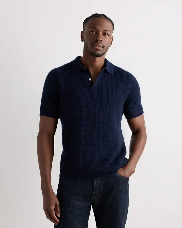 Quince Mongolian Cashmere Waffle Short Sleeve Polo Sweater - True Navy