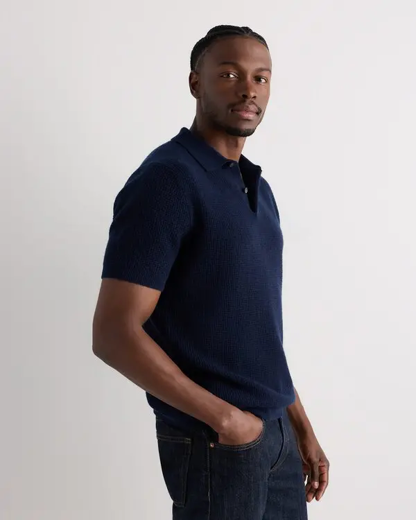 Quince Mongolian Cashmere Waffle Short Sleeve Polo Sweater