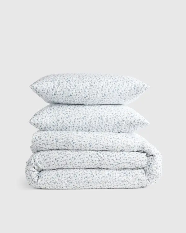 Quince Organic Crisp Percale Floral Duvet Cover Set - Blue Florette