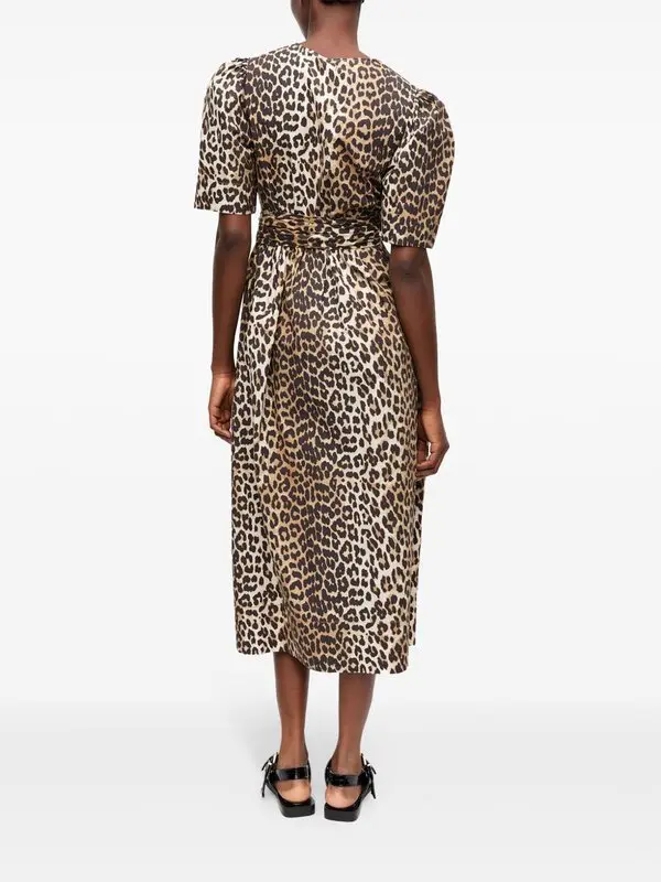 GANNI Leopard Print Puff Sleeve Midi Dress - Multi