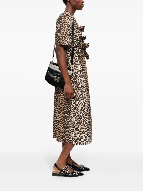 GANNI Leopard Print Puff Sleeve Midi Dress - Multi