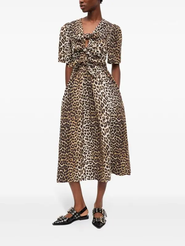 GANNI Leopard Print Puff Sleeve Midi Dress - Multi