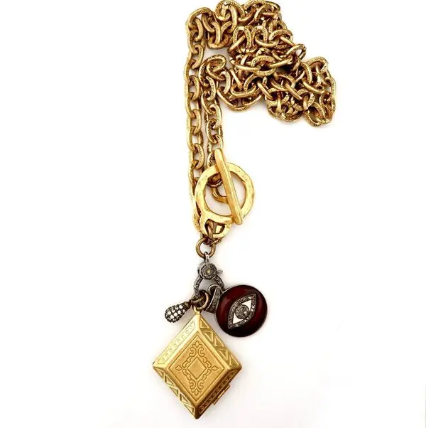 Persia Donà Jewelry Vintage Mixed Metal Charm Necklace With Diamond Clasp And Pendants - Gold