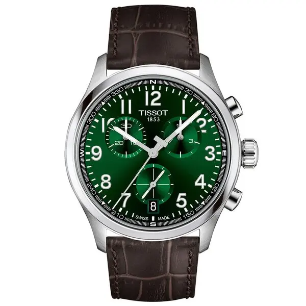 TISSOT Chronograph Watch With Green Dial And Leather Strap - Stainless Steel