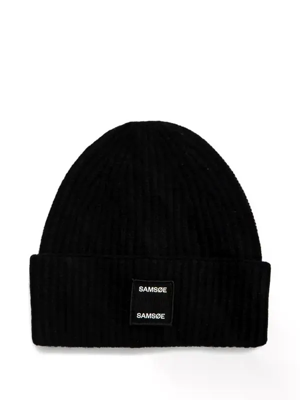 SAMSOE SAMSOE Logo Patch Ribbed Knit Beanie - Black