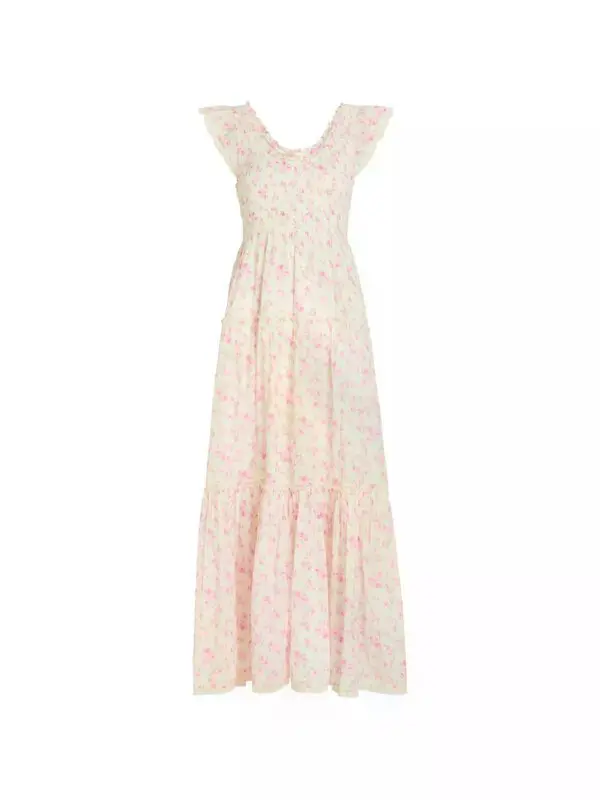 LoveShackFancy Floral Print Tiered Dress - Neutrals