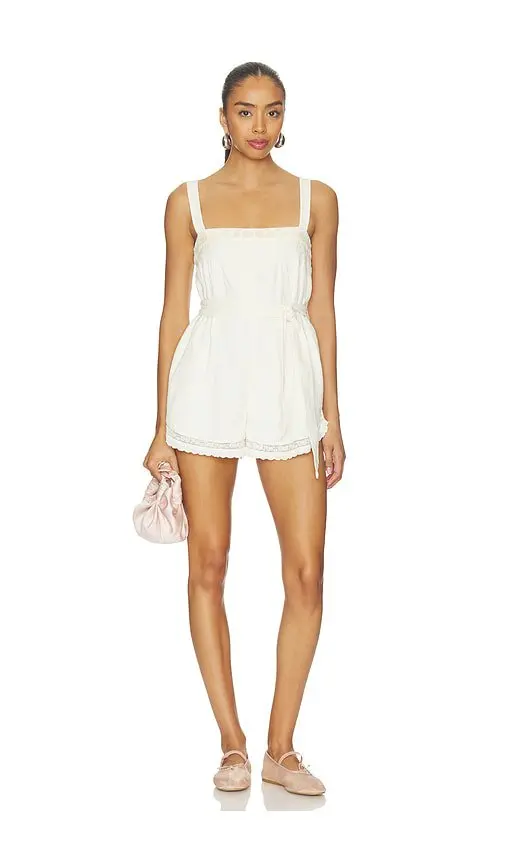For Love & Lemons Leah Cotton Romper With Beaded Detailing - Cream