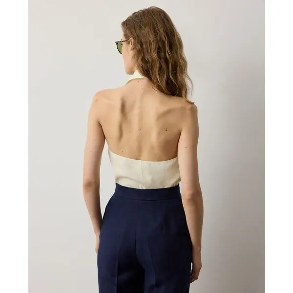 Ralph Lauren Eldred Linen Sleeveless Halter Top With Spread Collar - Cream