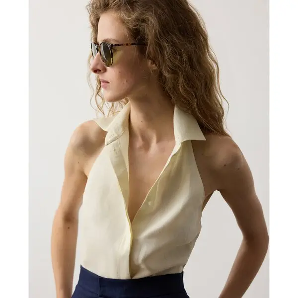 Ralph Lauren Eldred Linen Sleeveless Halter Top With Spread Collar - Cream