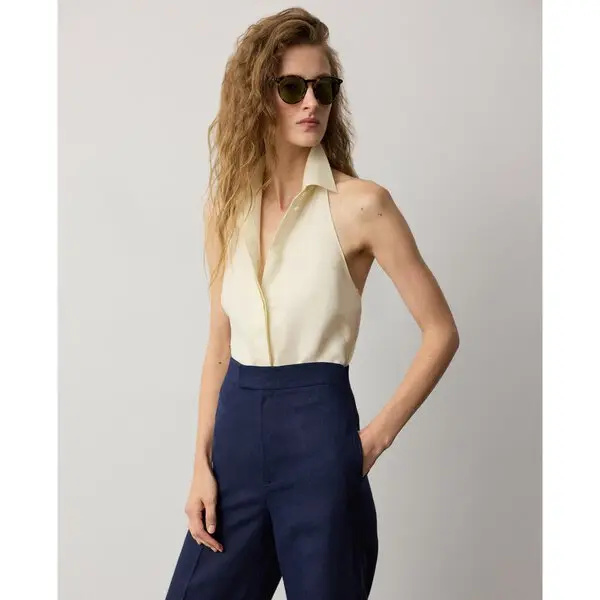 Ralph Lauren Eldred Linen Sleeveless Halter Top With Spread Collar - Cream