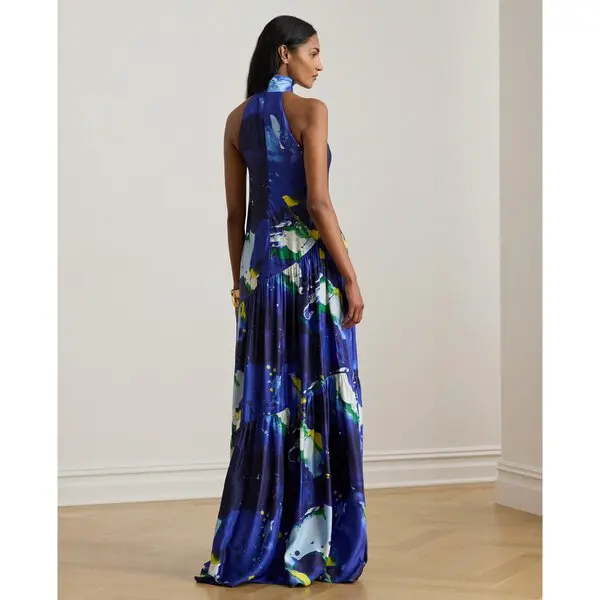 Ralph Lauren Abstract Print Shantung Halter Gown