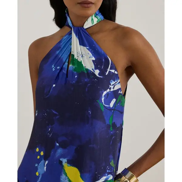 Ralph Lauren Abstract Print Shantung Halter Gown