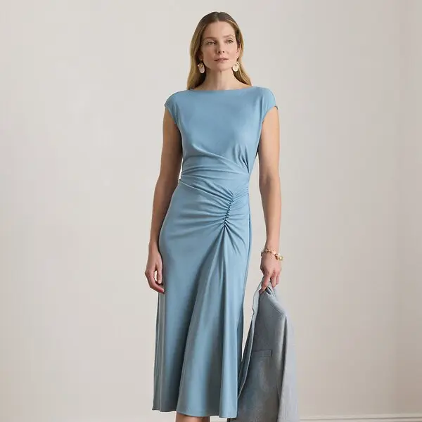 Ralph Lauren Pleated Jersey Cap-sleeve Midi Dress