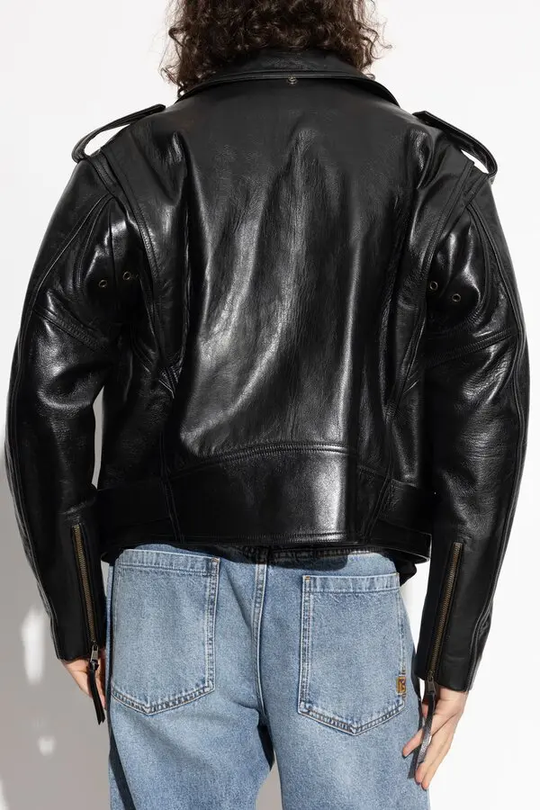 Balmain Leather Biker Jacket With Antique Gold Hardware