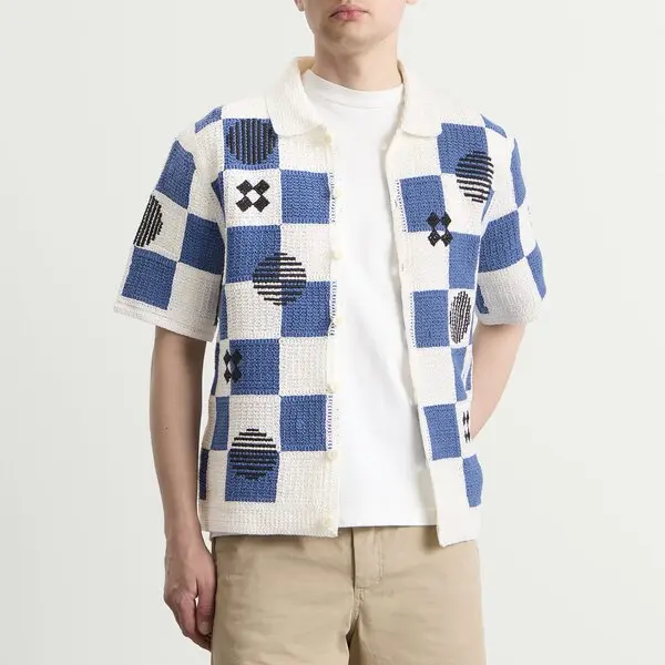 WAX LONDON Porto Square Crochet Shirt - Ecru/blue