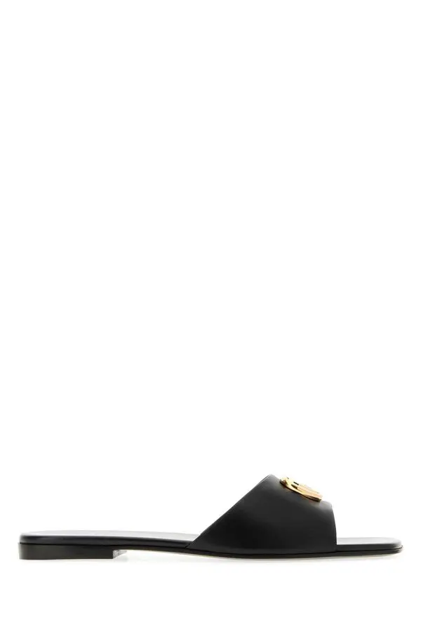 Gucci Nappa Leather Slippers With Gold Tone Logo - Black