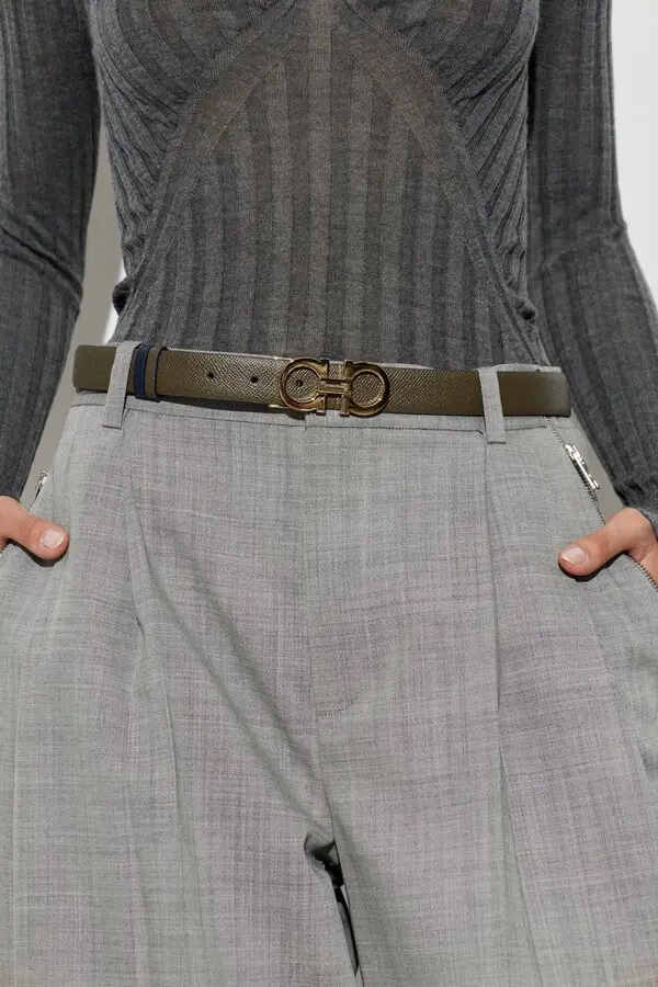 FERRAGAMO Reversible Textured Leather Belt With Gold Tone Buckle - Multicolour