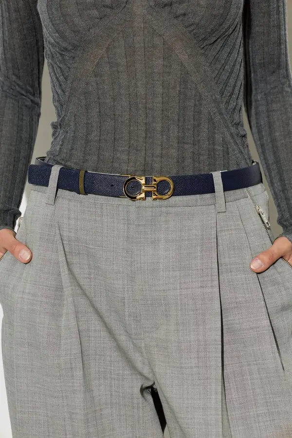 FERRAGAMO Reversible Textured Leather Belt With Gold Tone Buckle - Multicolour