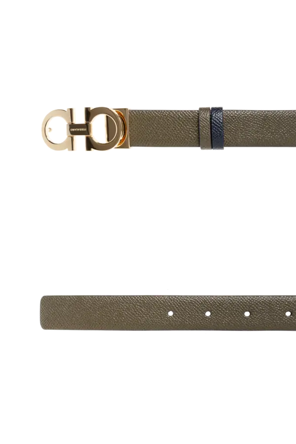 FERRAGAMO Reversible Textured Leather Belt With Gold Tone Buckle - Multicolour