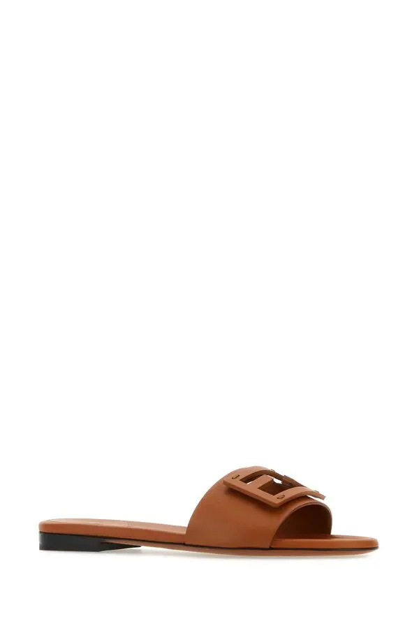 Fendi Caramel Leather Baguette Slippers - Brown