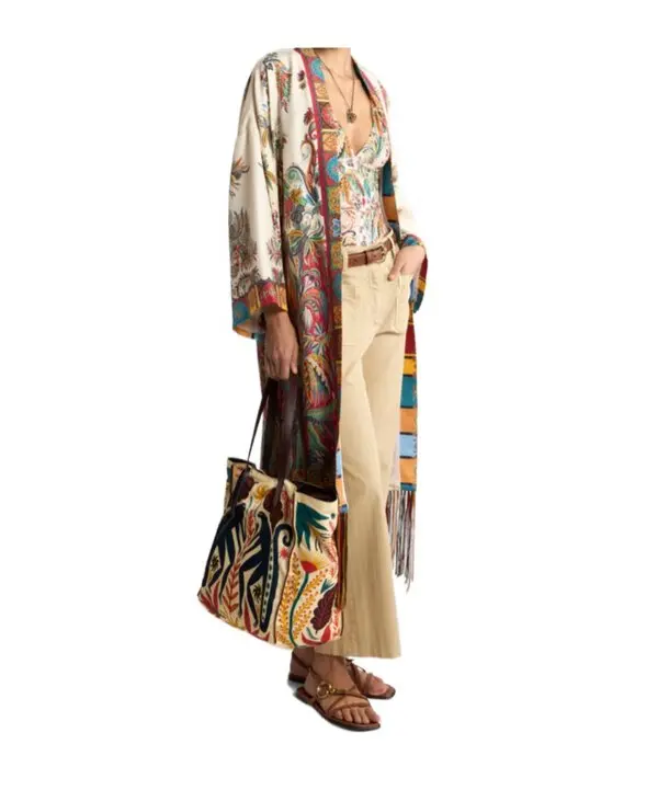 Etro Silk Duster With Paisley Foliage Print And Fringing