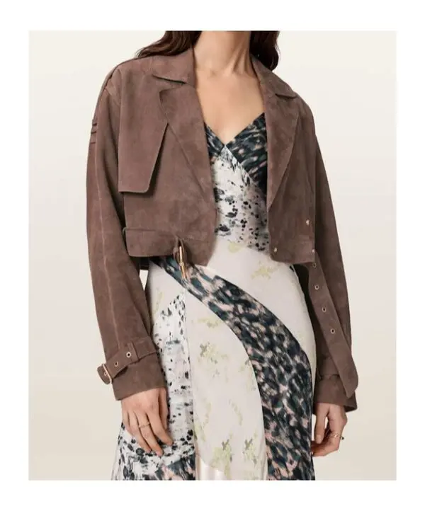 ALLSAINTS Ophelia Cropped Suede Jacket - Mole Brown