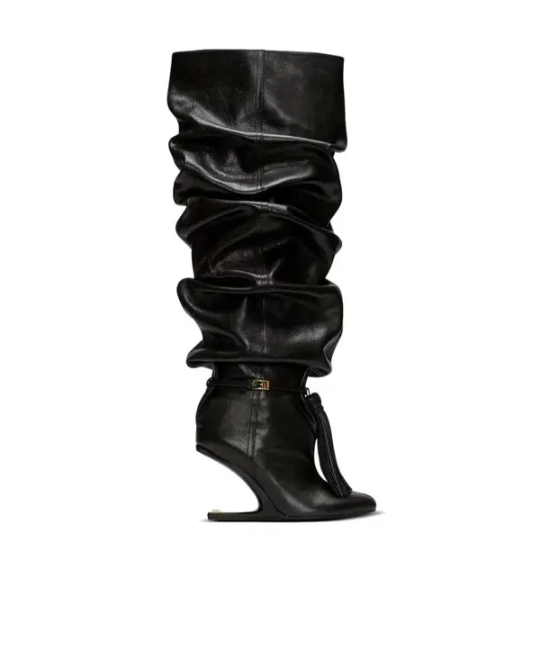 Balmain Textured Leather Thigh-high Boots With Wedge Heel And Tassel Detail - Black
