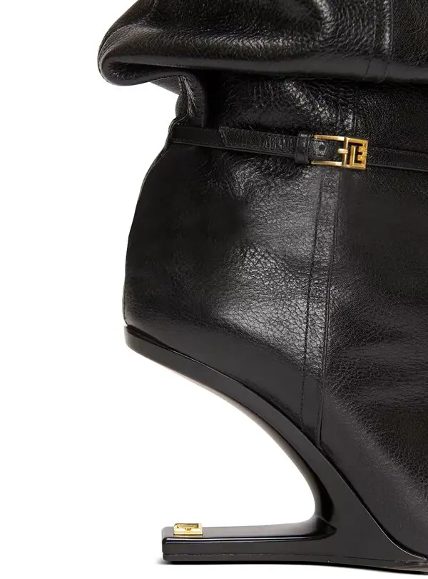Balmain Textured Leather Thigh-high Boots With Wedge Heel And Tassel Detail