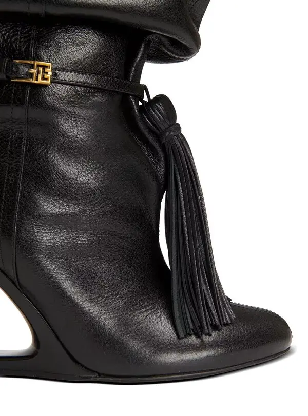 Balmain Textured Leather Thigh-high Boots With Wedge Heel And Tassel Detail
