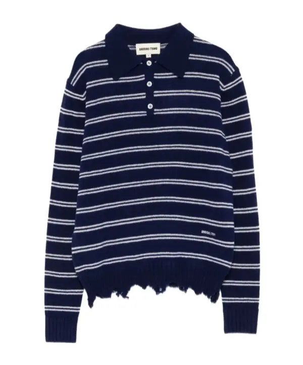 SHUSHU/TONG Striped Distressed-effect Polo Shirt - Black