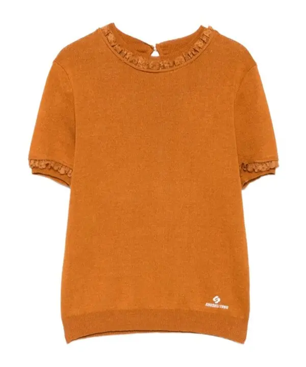 SHUSHU/TONG Lace-trimmed Short-sleeve Fine Knit Sweater