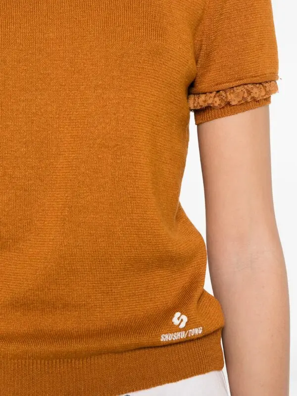 SHUSHU/TONG Lace-trimmed Short-sleeve Fine Knit Sweater