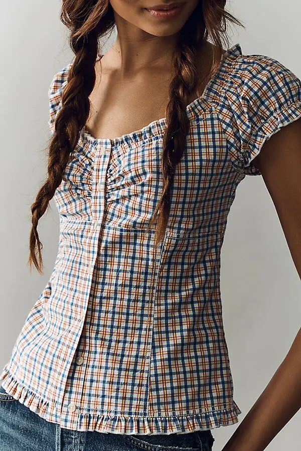 PILCRO Cap Sleeve Waisted Blouse - Multi Plaid