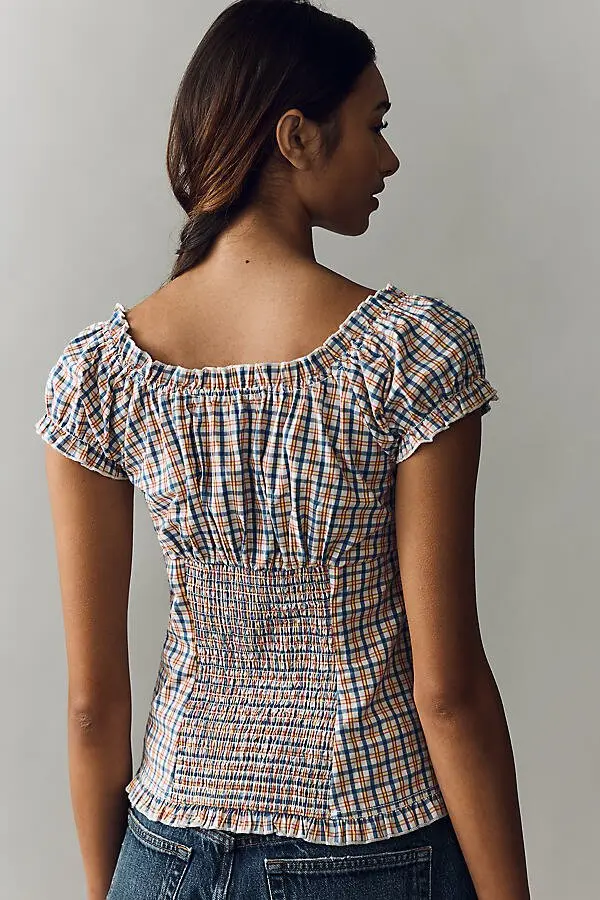 PILCRO Cap Sleeve Waisted Blouse - Multi Plaid