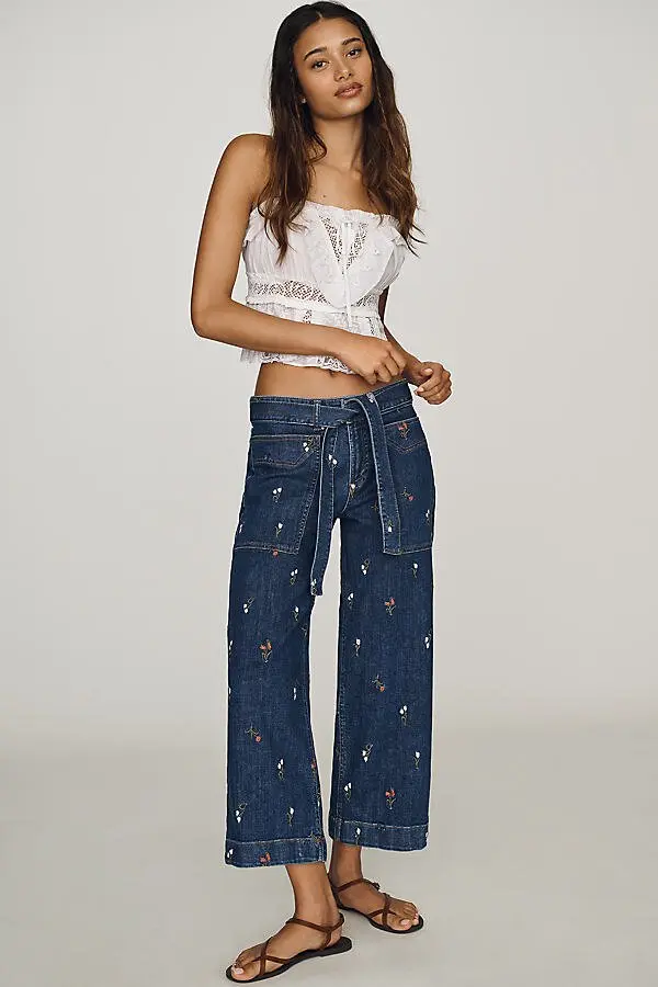 PILCRO Embroidered Wide-leg Cropped Jeans