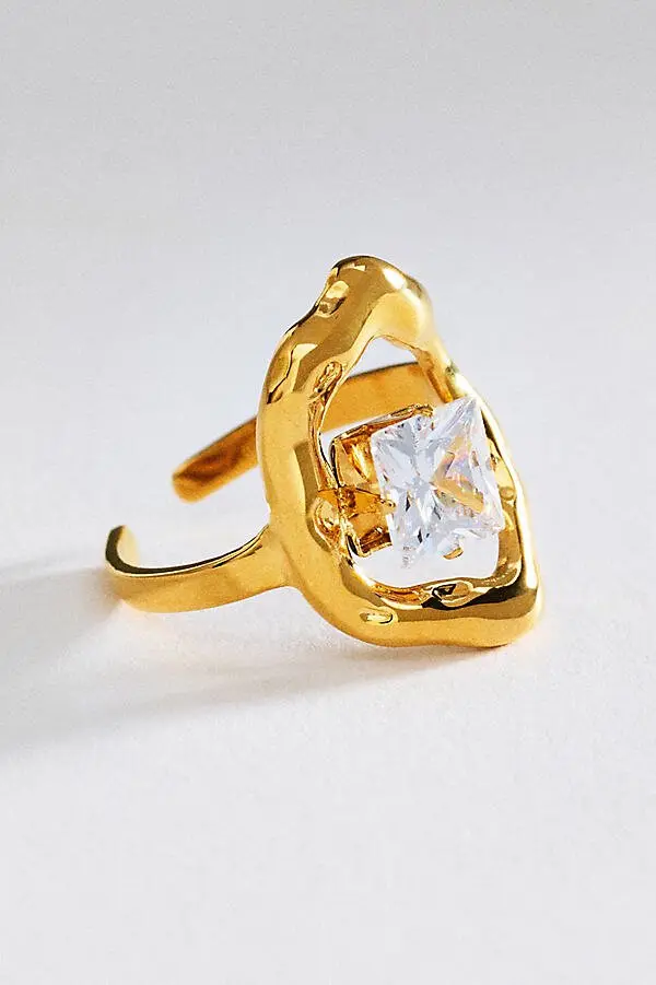 Anthropologie Hammered Metal Crystal Ring - Gold Metallic