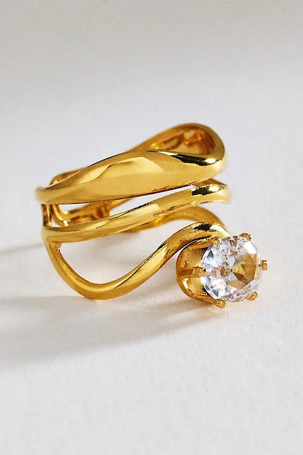 Anthropologie Hammered Metal Crystal Ring - Gold