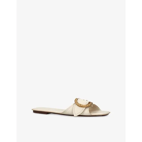 Zimmermann Solena Flat Leather Slides With Ornamental Buckle - Bone