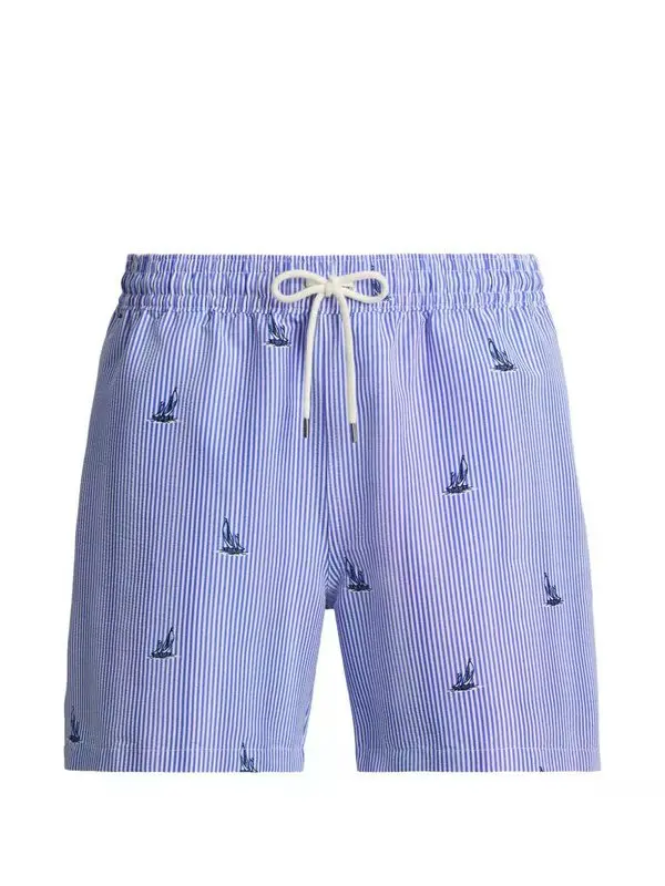 Polo Ralph Lauren Striped Sailboat Print Seersucker Swim Trunks - Blue
