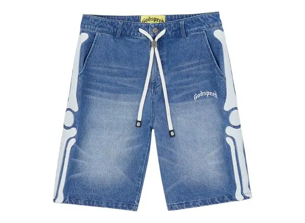 GODSPEED Denim Shorts With Bone Print Detailing - Blue