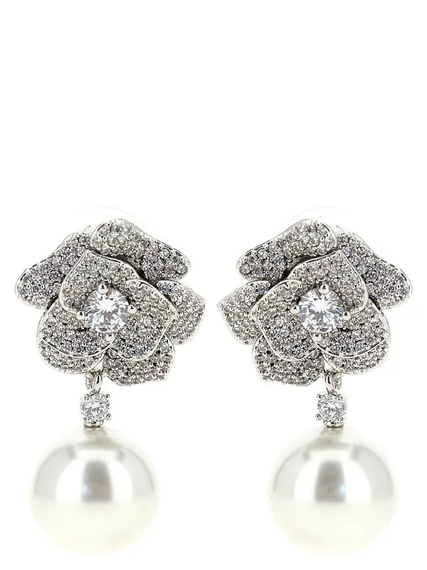 SELF-PORTRAIT Crystal Flower Pearl Drop Earrings - Silver
