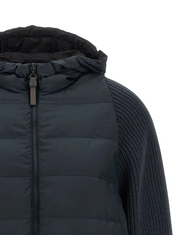 Brunello Cucinelli Quilted Down Jacket With Leather Zipper Pull - Blue
