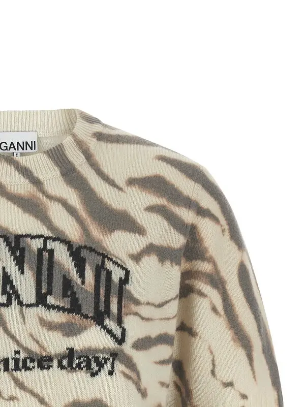 GANNI Zebra Print Logo Intarsia Wool Blend Sweater - Multicolor