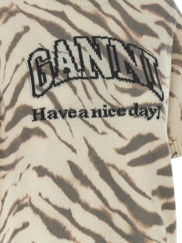 GANNI Zebra Print Logo Intarsia Wool Blend Sweater - Multicolor
