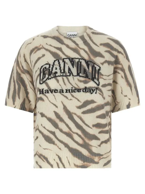 GANNI Zebra Print Logo Intarsia Wool Blend Sweater - Multicolor