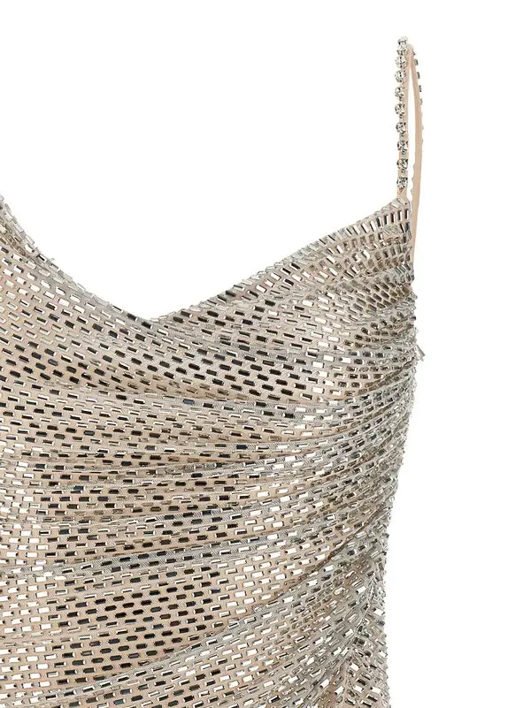 SELF-PORTRAIT Champagne Rhinestone Draped Mini Dress