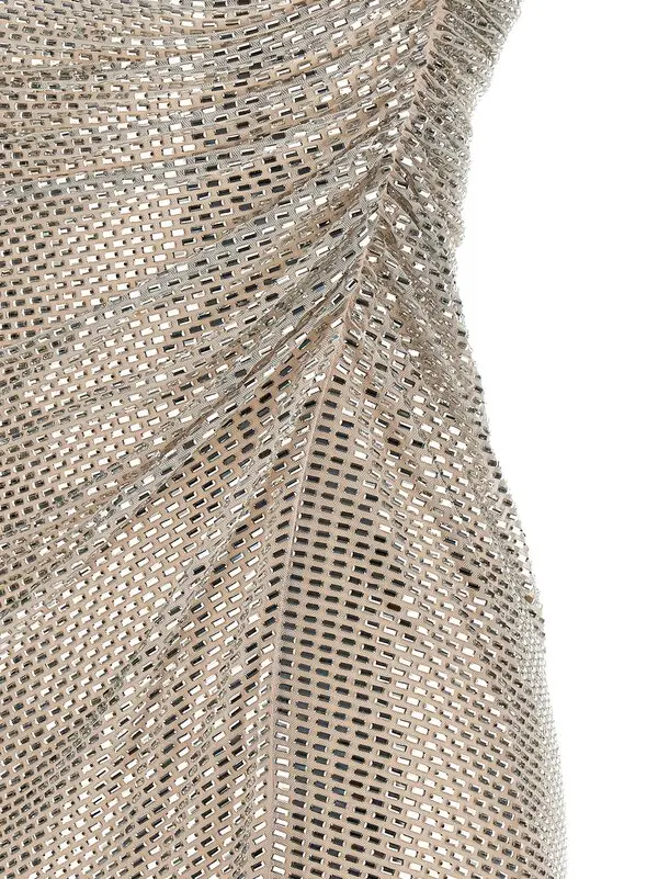 SELF-PORTRAIT Champagne Rhinestone Draped Mini Dress